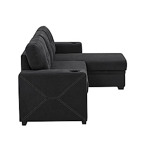 Partner Furniture Upholstery Polyester Blend Fabric Convertible Sectional Sleeper Sofa with Cup Holders in Black