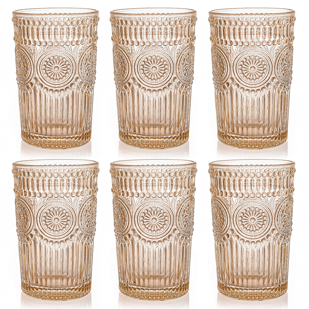 Kingrol 6 Pack 12 oz Colored Drinking Glasses, Premium Glassware Set for Water, Juice, Beverages, Cocktail - Romantic Embossed Design - for Wedding Party, Daily Use