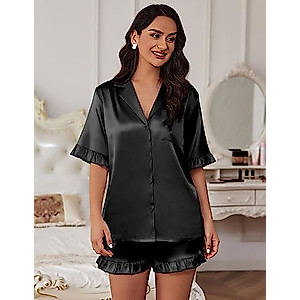 Ekouaer Satin Pj Set Womens Short Sleeve Pajamas Silk Button Down Sleepwear 2 Piece Lounge Set Black,S