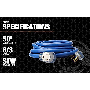 Coleman Cable 19228806 8/3 Heavy-Duty STW 50-Amp/250-Volt Nema 6-50 Blue Welder Extension Cord; 50-Feet