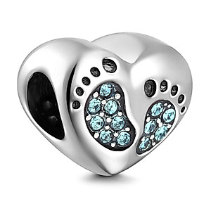 Heart Love Baby Footprints Charms 925 Sterling Silver Jan-Dec Birthstone Crystal Charms Beads for Bracelets (Aquamarine March Stone)