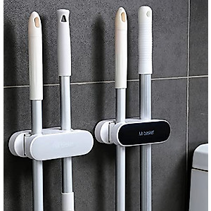 Mop and Broom Holder,Broom and Dustpan Hanger Holder Wall Mount Waterproof Heavy Duty Self Adhesive Gripper No-Drilling,Space Saver Tool Organizers For Kitchen,Garage,Bathroom,Laundry Room (Black)