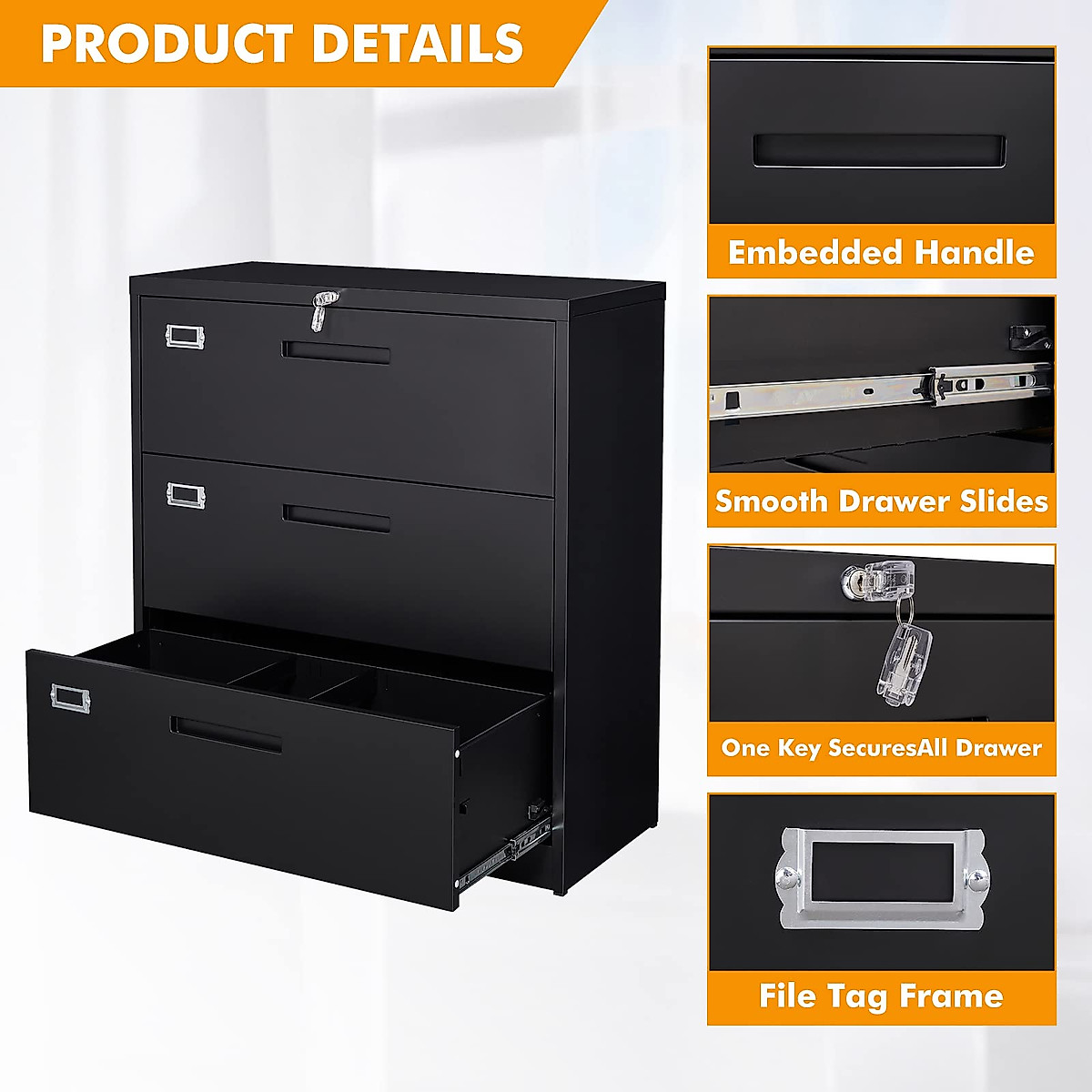 STANI Lateral File Cabinet with Lock, 3 Drawer Lateral Filing Cabinet, Metal Lateral File Cabinet for Home and Office, Metal Storage File Cabinet for Hanging Files Letter/Legal/F4/A4 Size