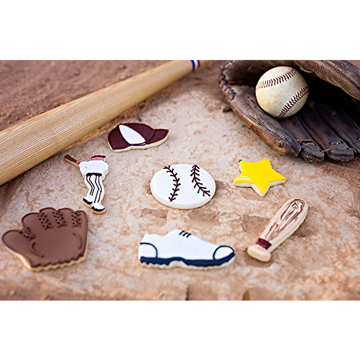 R&M International Baseball Cookie Cutters, Bat, Hat, Ball, Player, Glove, Star, Sneaker, 7-Piece Set,Silver
