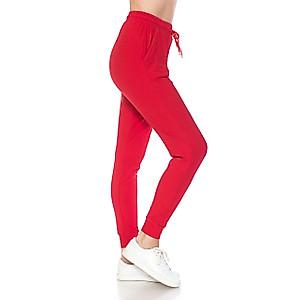 Leggings Depot Womens Relaxed fit Jogger Pants - Track Cuff Sweatpants with Pockets, Red, Small
