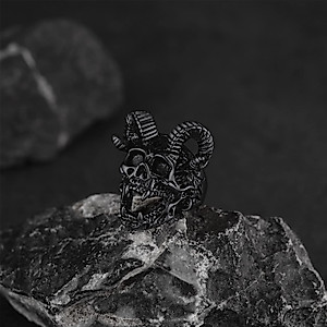 FaithHeart Rapper Biker Rings for Male Size 9 Stainless Steel Satan Church Jewelry Baphomet Goat Head Pinky Finger Charms