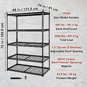 VEVOR Storage Shelving Unit, 5-Tier Adjustable Storage Shelves, 48" L x 24" W x 72" H Heavy Duty Garage Storage Shelves, Metal Shelves for Kitchen Pantry Basement Bathroom Laundry