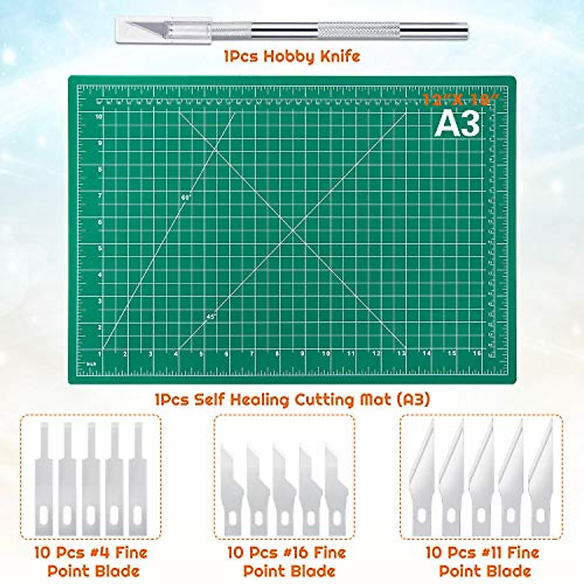 Audab 18" x 12" Self-Healing Cutting Mat and Craft Knife kit with 30Pcs Hobby Blades Art Knife for Craft, Sewing, Fabric, Quilting, Scrapbooking Project