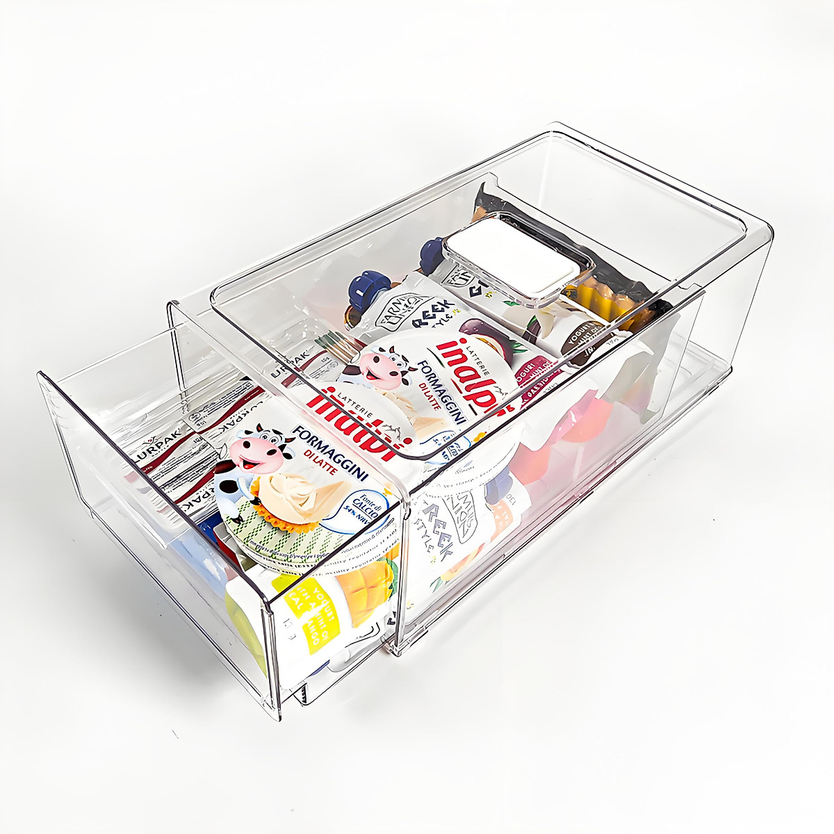 GREENTEC Fridge Organizer, Stackable Storage Container, Refrigerator Drawer, Pull Out Organization Bin for Kitchen, Closet, Sliding Freezer Organizer, Large, BPA Free