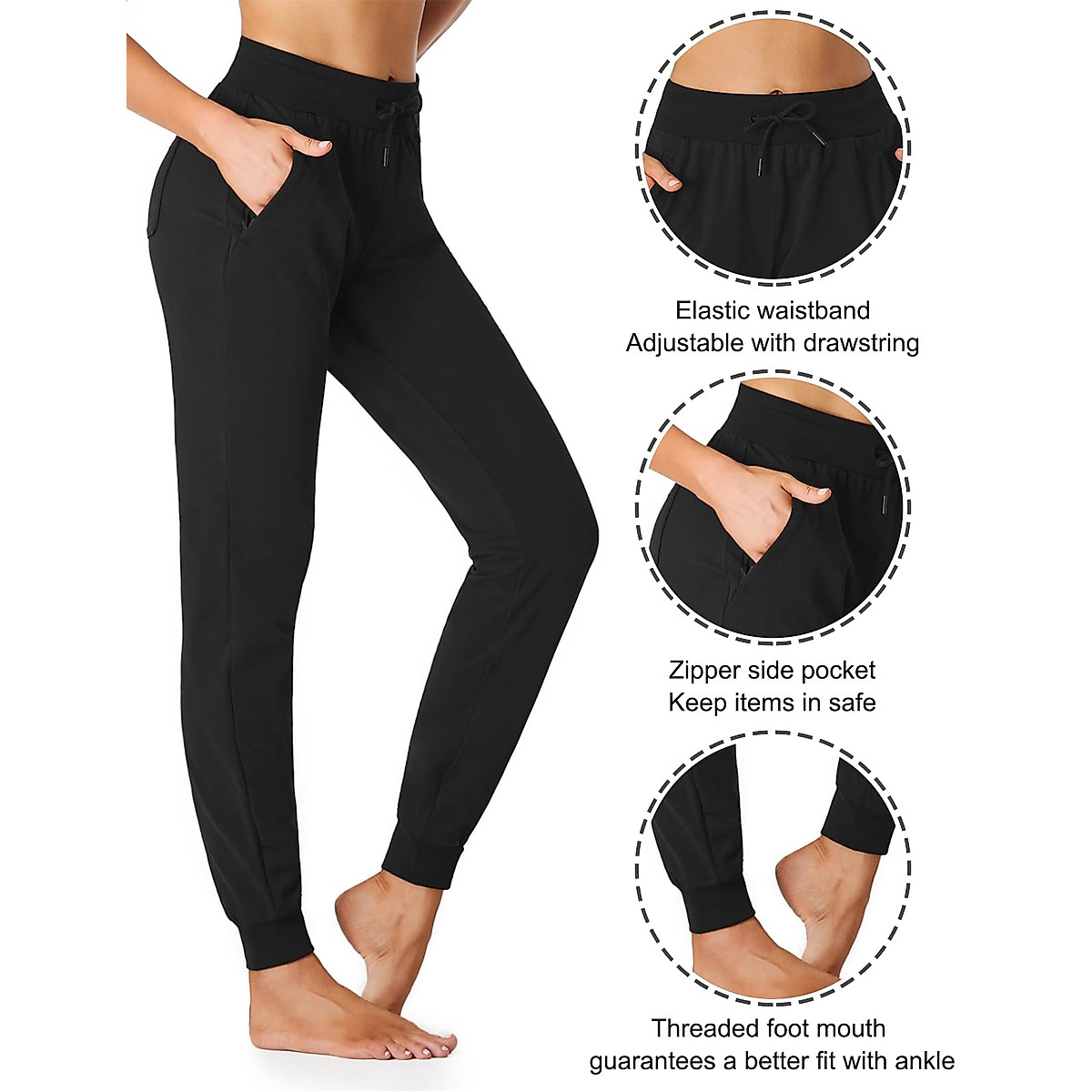 SEVEGO Lightweight Women's 34" Tall Inseam Cotton Soft Jogger with Zipper Pockets Cargo Pants Black Medium