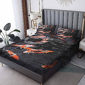 Koi Fish Sheets Full Size, Japanese Bed Sheets, Patterned Bedding Sheets & Pillowcases 4 Piece Set - Soft Microfiber Deep Pocket Fitted Sheet & Flat Sheet & 2 Pillow Cases K8-&-349