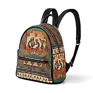 Wideasale Aztec Kokopelli Southwest Print Backpack Purse for Women Tribal Native American Indian Mini Travel Backpack Ethnic Style Pu Leather Casual Daypack