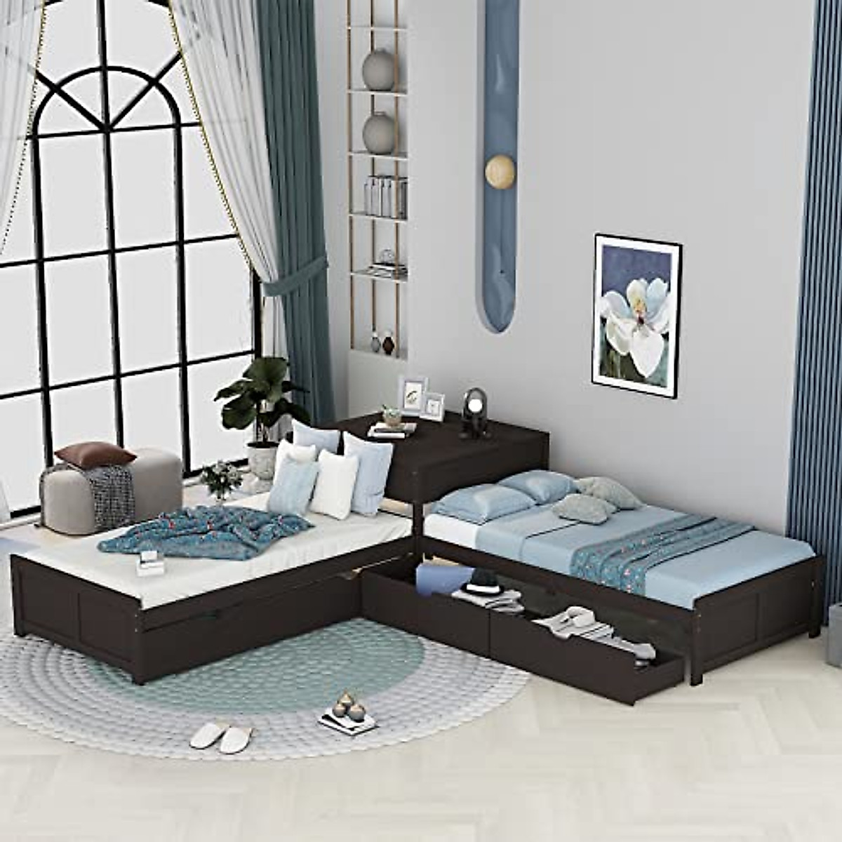 L Shaped Platform Bed with Trundle and Drawers Linked with Built-in Desk, Wooden Twin Bed Frame for 3 Kids Teens Adults, Espresso