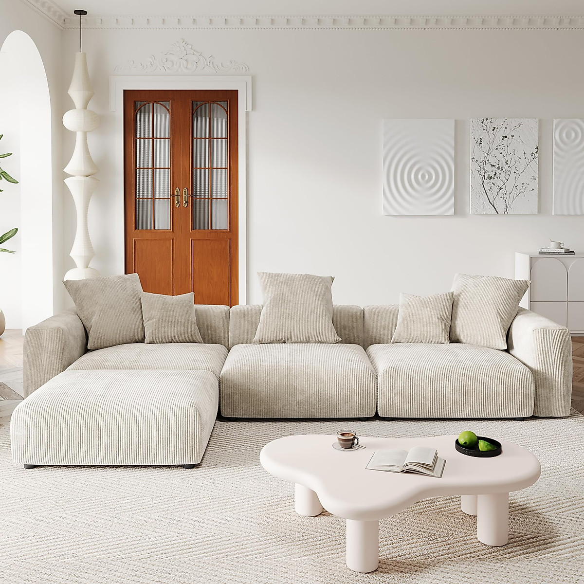 Sdorens 141" Modular Sectional Sofa, L-Shaped Couch 3 Seater with Ottoman, Oversized Corduroy Modern Modular Sofa with 5 Pillows for Living Room, Office, Beige