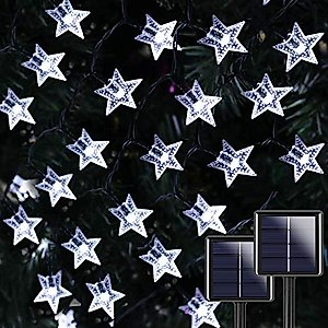 White 2-Pack 200 LED 40FT Star Solar String Lights Outdoor, Star Solar Lights Outdoor Decorative, 8 Modes Solar Powered Twinkle Fairy Lights Decoration for Ramadan, Garden, Party (Cool White)