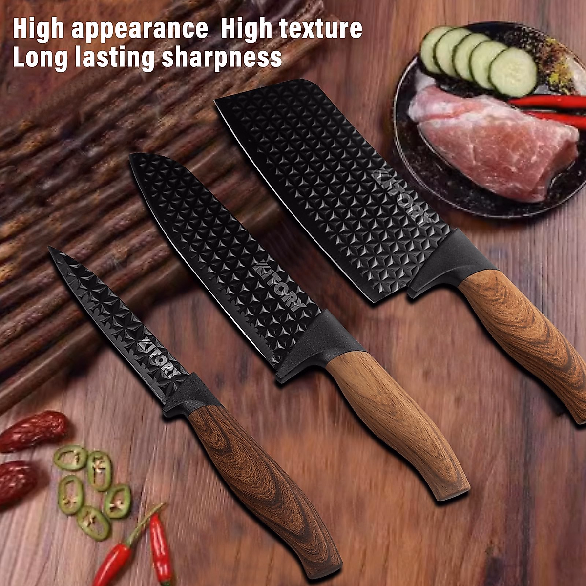 Kitory Cleaver Knife Set, 5 pcs Non-Stick Japanese Kitchen Boxed Knife Set, includes Cleaver, Santoku Chef knife, Paring Utility Knife, Ceramic Peeler and Kitchen Scissors, 2024 Kitchen Gifts