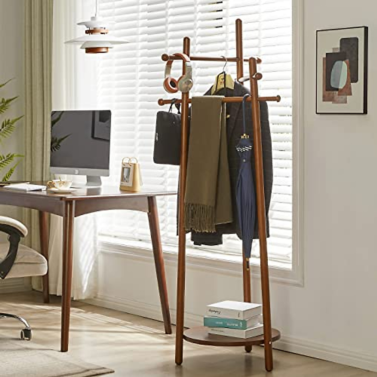 Aibiju Heavy Duty Coat Rack Freestanding,Wooden Coat Hanger Stand with Storage Shelf and 3 Crossbar, Coat Tree Easy to Assemble for Home Office Suits Jacket Hat Umbrellas Brown YD-1440