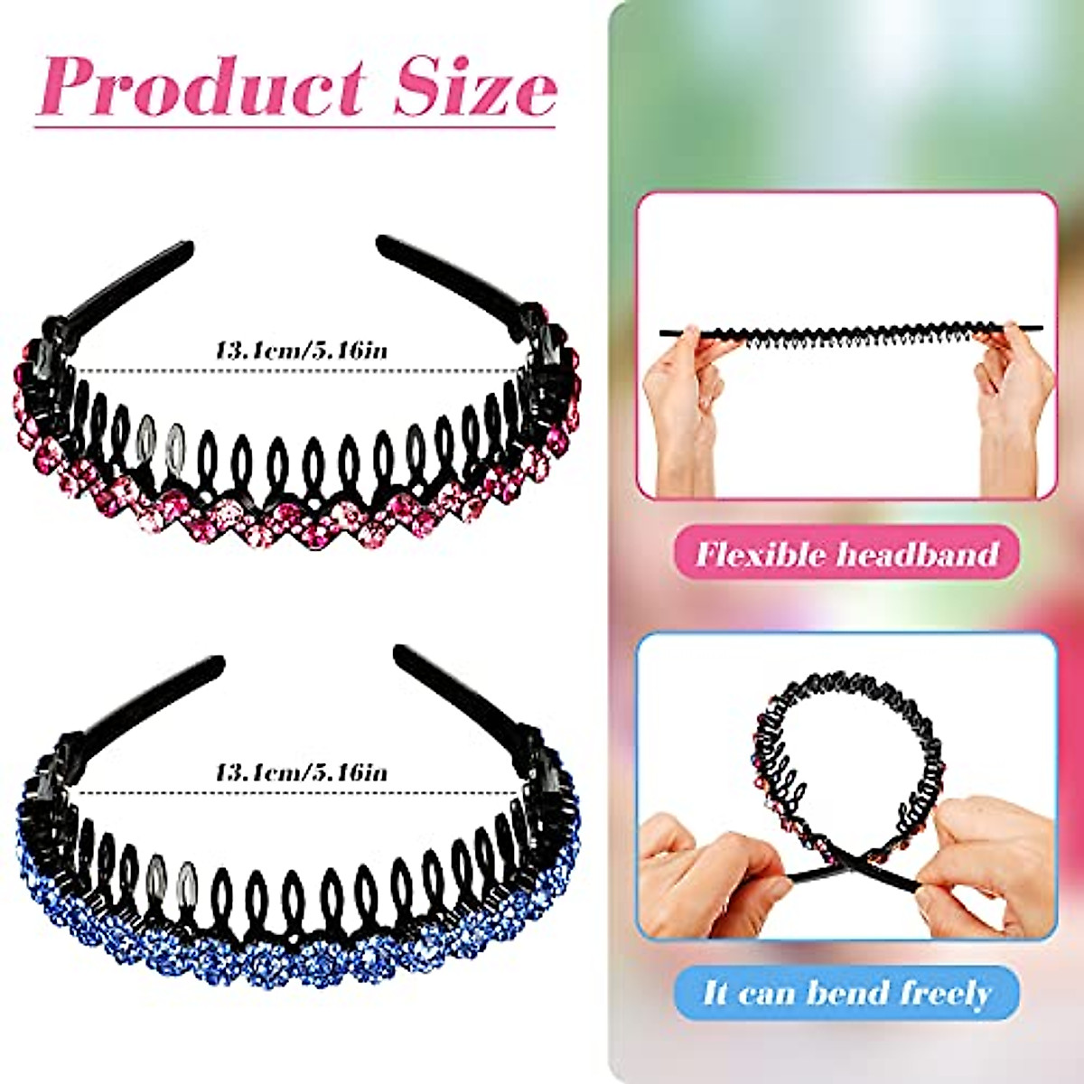 Syhood 8 Pieces Rhinestone Teeth Comb Headbands, Non-Slip Hair Band Hair Accessories for Women Girl, 2 Styles - Flower, Wave, Headband, Multicolor, Plastic
