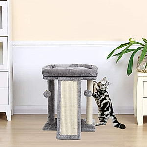 SYANDLVY Small Cat Tree with Scratching Post, Cat Scratching Board for Adults, Cat Post Scratcher for Indoor Cats, 2 Dangling Balls Great for Kittens (Light Grey)