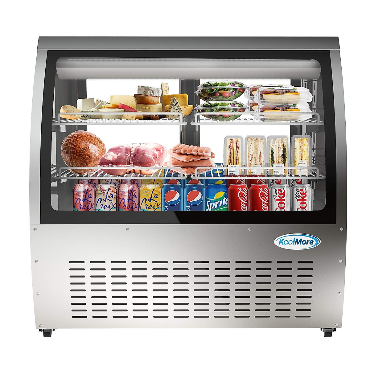 KoolMore 47" Deli Case and Meat Display Stainless-Steel Refrigerator for Commercial Use, Multi-Tiered Shelves, Curved Glass Front, LED Lighting and Rolling Caster Wheels - 18 cu.ft, RD18C-SS