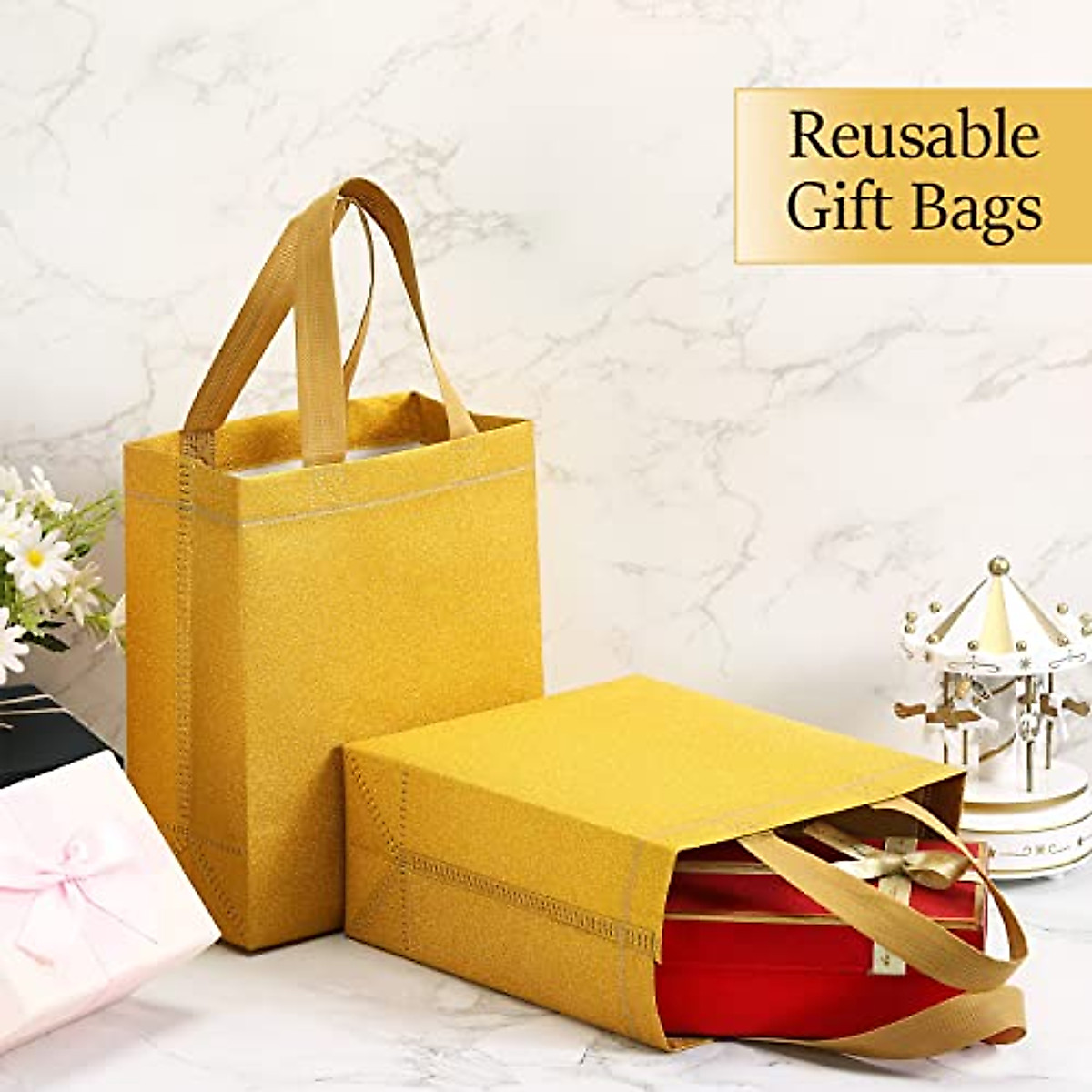 48 Pack Reusable Bags for Gifts Metallic Tote with Handles Glitter Gift Bags Bling Non Woven Bags for Weddings Birthday Party Favor Grocery Bridesmaids Easter (Gold, 6.5 x 3.1 x 7.8 Inch)