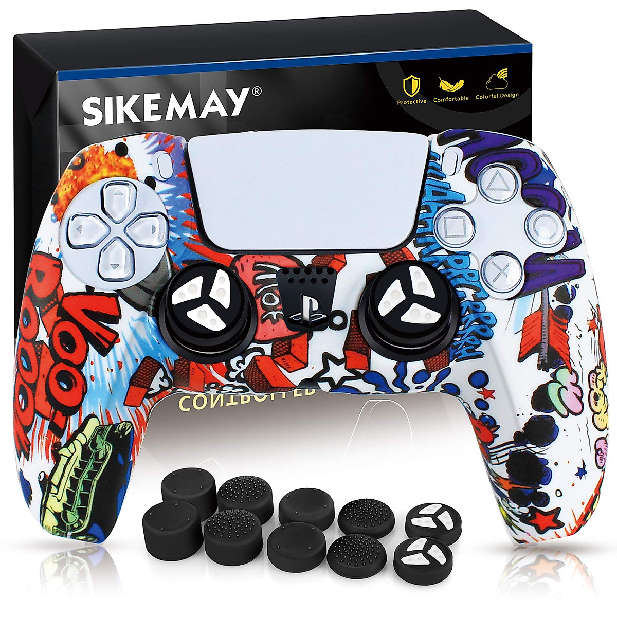 SIKEMAY Silicone Printing Cover Skin for PS5 Controller Grip, Protective Case for PlayStation 5 Accessories with 10 Thumb Grip Caps