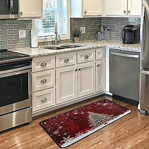Christmas Coffee Tree Kitchen Rug, Snowflakes Dark Red Door Mat Bath Rug Home Decor Floor Mat Non-Slip Carpet for Kitchen Living Bedroom 39 x 20 Inch