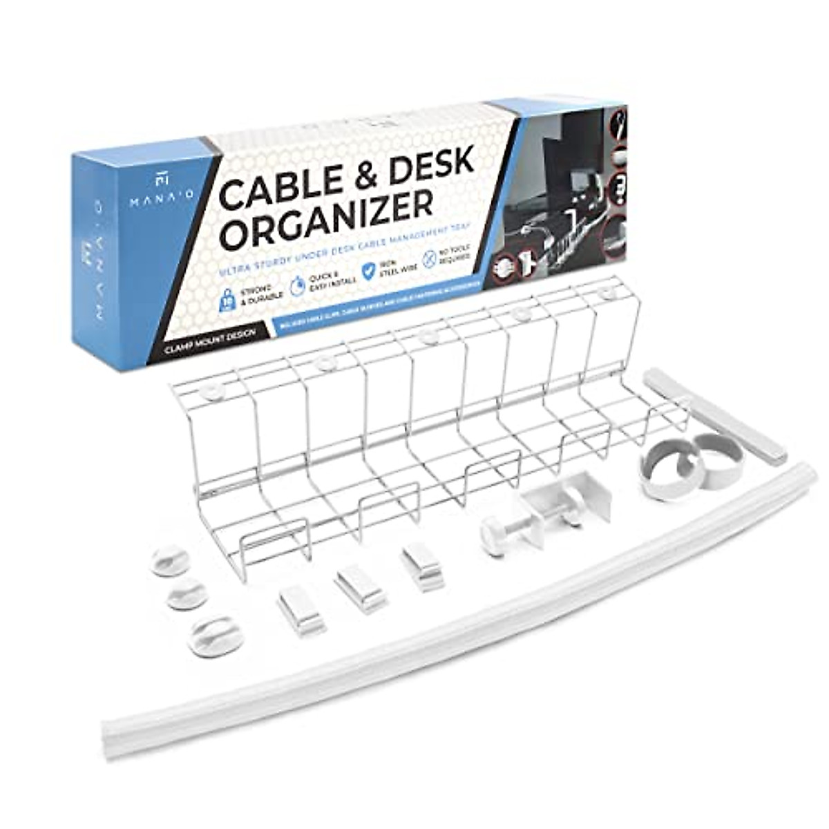 MANA'O Clamp-On Cable Management Tray Kit. Under Desk Storage Cord Organizer with Clamp! and Accessories - Cable Clips, Strips of Fastening Tape
