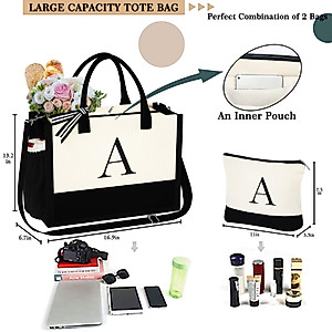 YOOLIFE Initial Canvas Tote Bag for Women - Beach and Travel Bag With Zipper Pockets, Monogrammed, Adjustable Strap, Letter K
