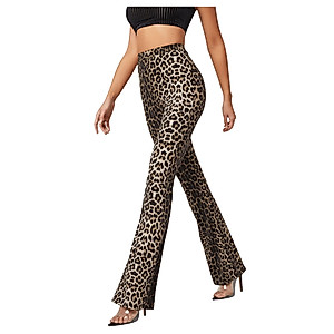 WDIRARA Women's Elastic High Waist Leopard Print Flare Leg Casual Long Pants Brown Animal XL