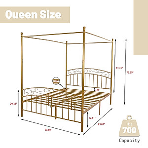 AUFANK Queen Size Canopy Bed Frame Four-Poster Metal Platform Bed with Headboard and Footboard Sturdy Heavy Duty Steel Slat Support No Box Spring Needed Gold