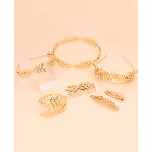 Wecoe 7pcs/Set Gold Leaf Headbands Hair Clips Headpieces Arm Cuff For Women Girls Gold Leaf Tiara Crown Flower Girl Bridal Wedding Halo Headband Greek Goddess Toga Costume Hair Accessories For Women