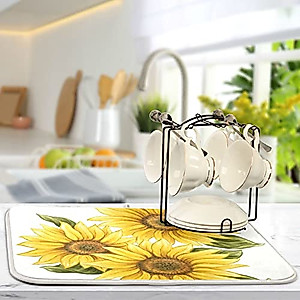 Absorbent Dish Drying Mat for Kitchen Counter - Yellow Sunflower Microfiber Drying Pad, Reversible Drainer Mats for Countertop, Small 16" x 18"