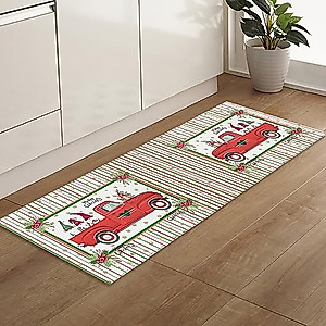 Christmas 2 Pieces Kitchen Rugs and Mats Set, Christmas Red Truck with Gnome Green Stripes Kitchen Mats Cushioned Floormat Non Slip Runner Rug Set for Kitchen Laundry Entryway, 15.7"x23.6"+15.7"x47.2"