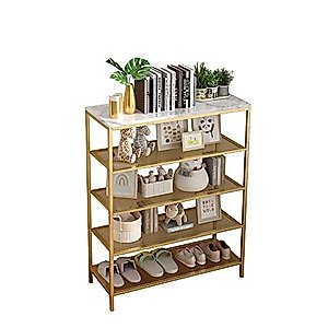IOTXT Metal Shoe Rack, 5-Tier Shoe Storage Unit Flat, Shoe Organizer Shelf with 4 Metal Mesh Shelves and MDF Wooden Top Board for Entryway, Hallway, Closet, Living Room, Bedroom, Industrial, Gold