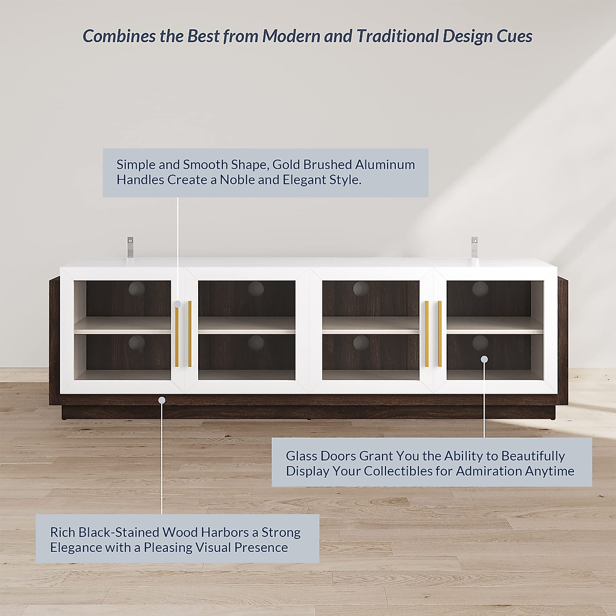 BELLEZE 70" TV Stand for TVs up to 75", Modern TV Cabinet & Entertainment Center with Shelves, Wood Storage Cabinet for Living Room or Bedroom - Brixston (White)