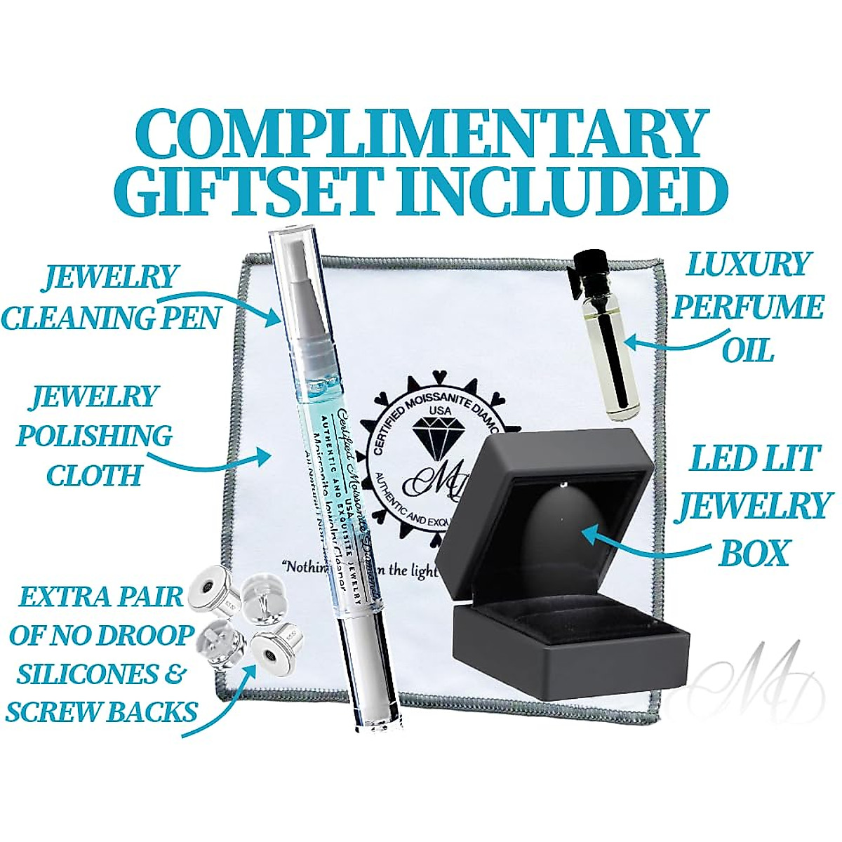 Moissanite Stud Earrings/No Poke Screw Back / 6 Prong / 4 CT / 8 MM/White Gold Vermeil/Colorless Flawless Lab Grown Diamond/Hypoallergenic/GRA Engraved/Gift Set