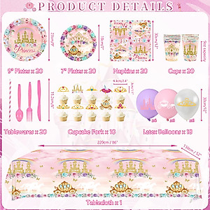 Princess Birthday Party Supplies, Includes Banner, Plates, Tulle, Napkins, Cake Toppers, Crowns, Wands, Balloons, Tablecloths, for Girls Princess's Themed Baby Shower Decorations, Serve 20 (Style A)