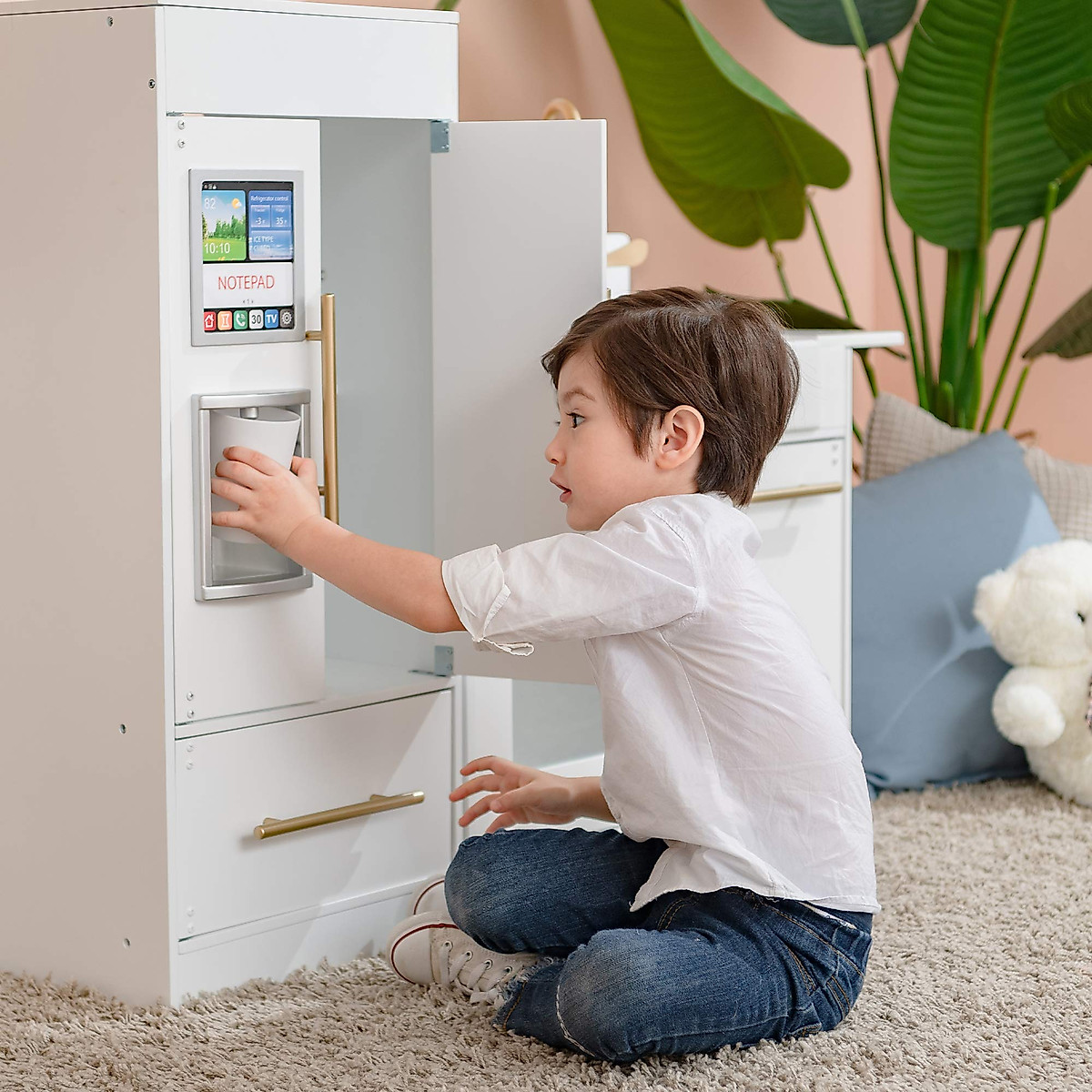 Teamson Kids Little Chef Charlotte Modern Modular Interactive Wooden Play Kitchen with Refrigerator, Stove and Sink in White with Gold Finishes