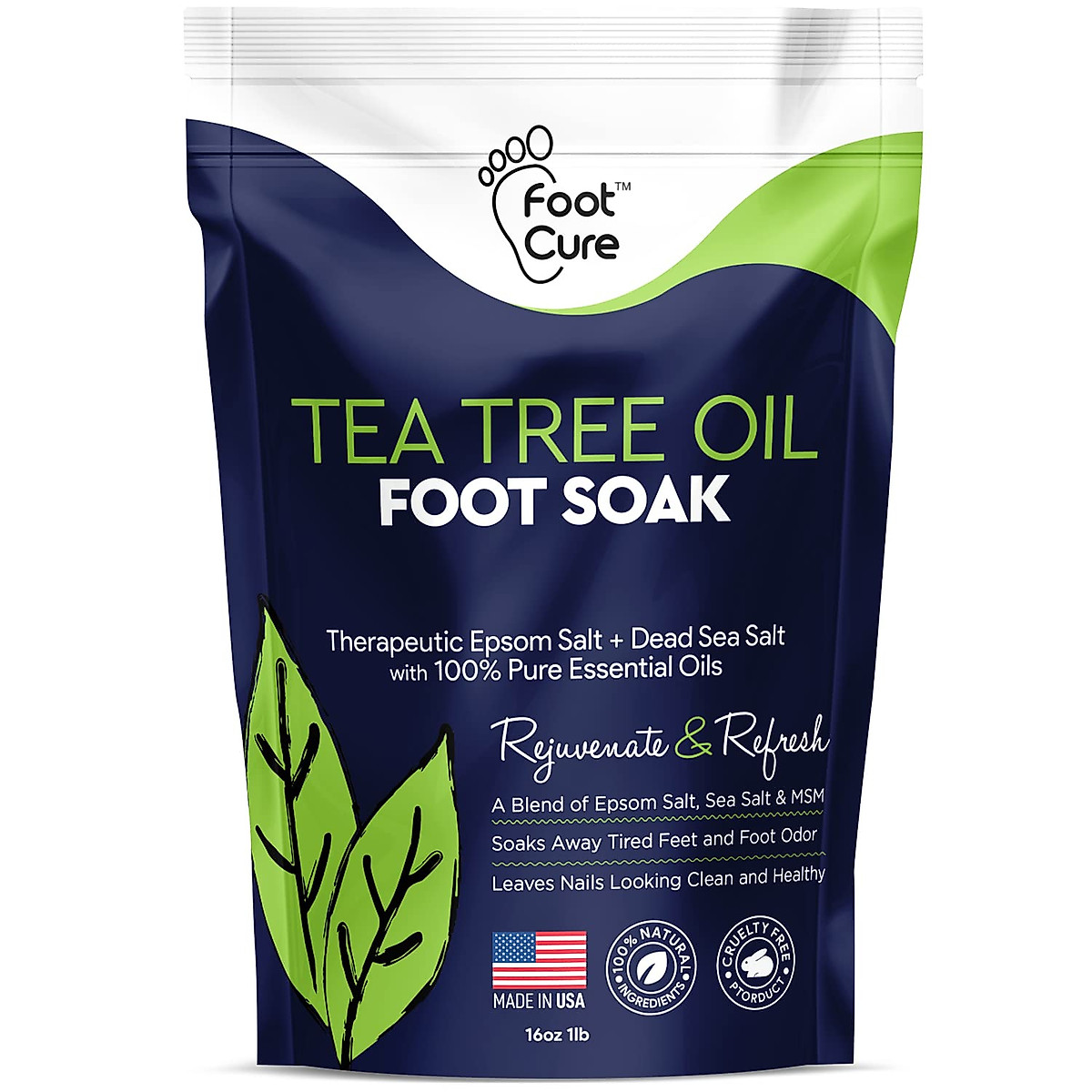 Tea Tree Oil Foot Soak with Epsom Salt - For Toenail Repair, Athletes Foot, Softens Calluses, Soothes Sore & Tired Feet, Nail Discoloration, odor Scent, Spa Pedicure Care - Made in USA 16 oz