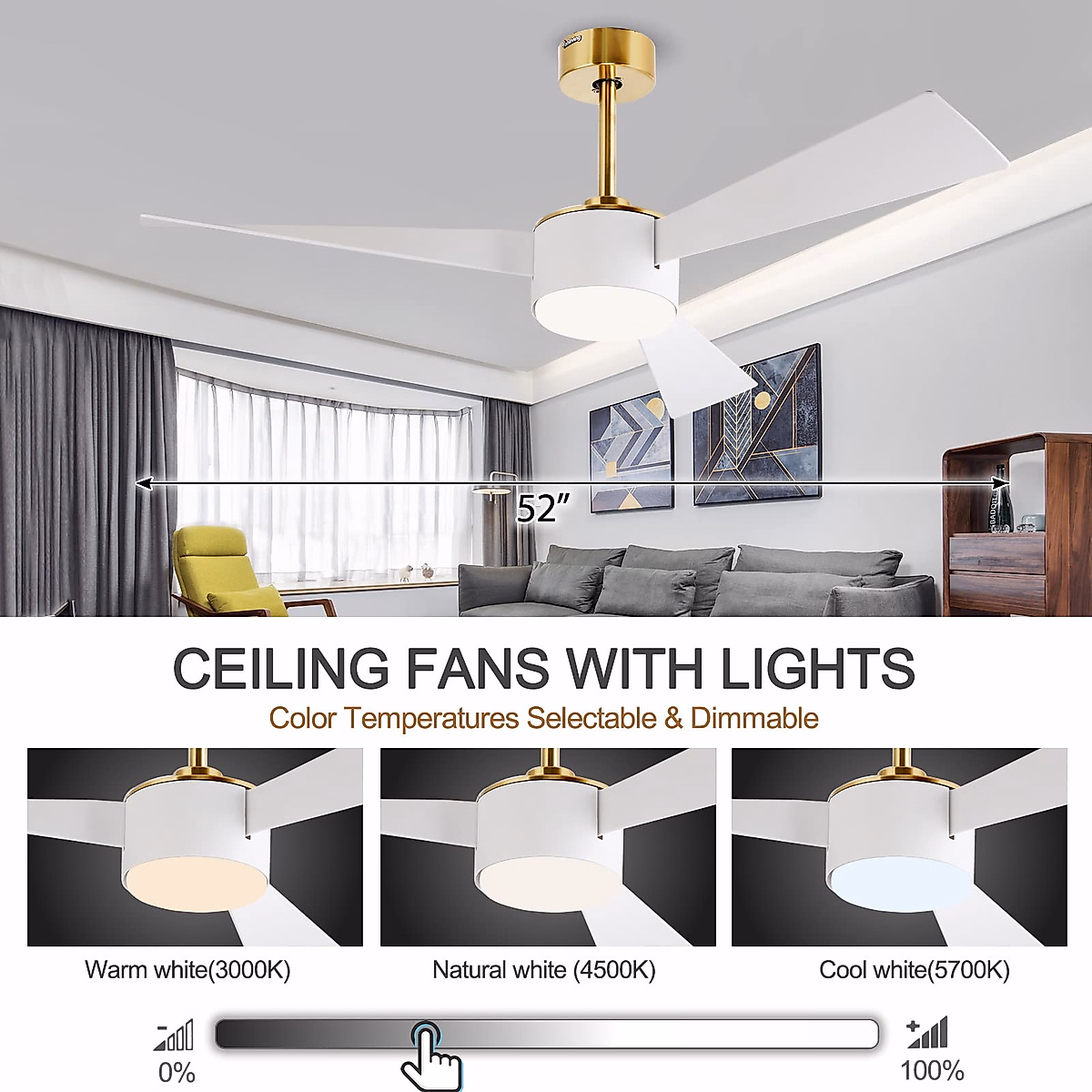 Fanliving 52 Inch Ceiling Fan with Lights Remote Control, Indoor Modern Ceiling Fan with High CFM Quiet DC Motor, 3 Blade White Gold Ceiling Fan for Bedroom Living & Dining Room