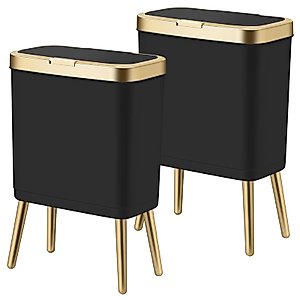 Procade 2Pack Office Trash Can with Lid, 4 Gallon Gold Trash Can Bathroom,Black Garbage Can with Push Button, Narrow Garbage Bin Waste Basket for Bedroom, Kitchen,Toilet(Black+Black)