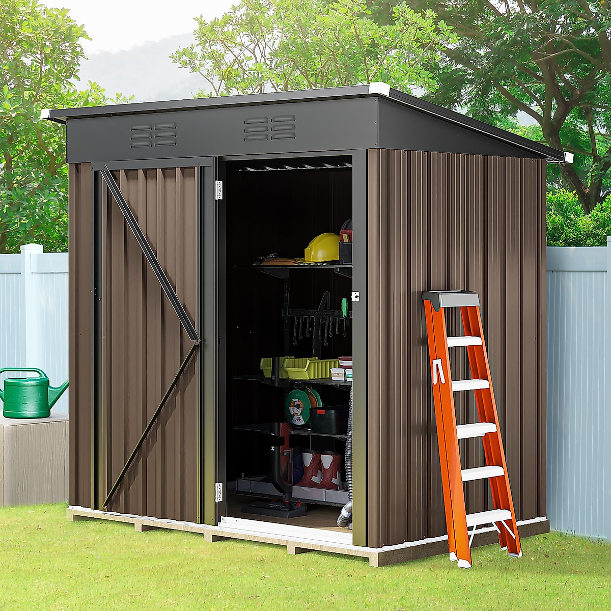 DWVO Outdoor Storage Shed 5x3FT, Heavy Duty Metal Tool Sheds Storage House with Single Lockable Door & Air Vent for Garden, Patio, Lawn to Store Bikes, Trash Bins, Tools, Lawnmowers,Brown