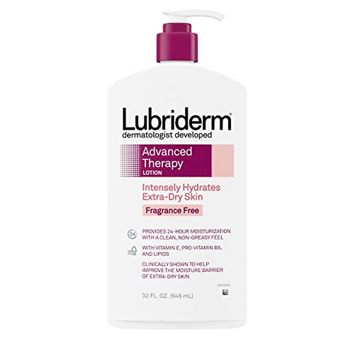 Lubriderm Advanced Therapy Fragrance-Free Moisturizing Lotion With Vitamins E And Pro-Vitamin B5, Intense Hydration For Extra Dry Skin, Non-Greasy Formula, 32 fl. oz