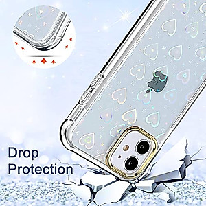 GAN Cheng Compatible with iPhone 11 Case 6.1" 2019 with Screen Protector, Shockproof TPU and Hard PC Cute Bling Glitter Sparkle Protective Case for Women & Girls - Clear Holographic Heart