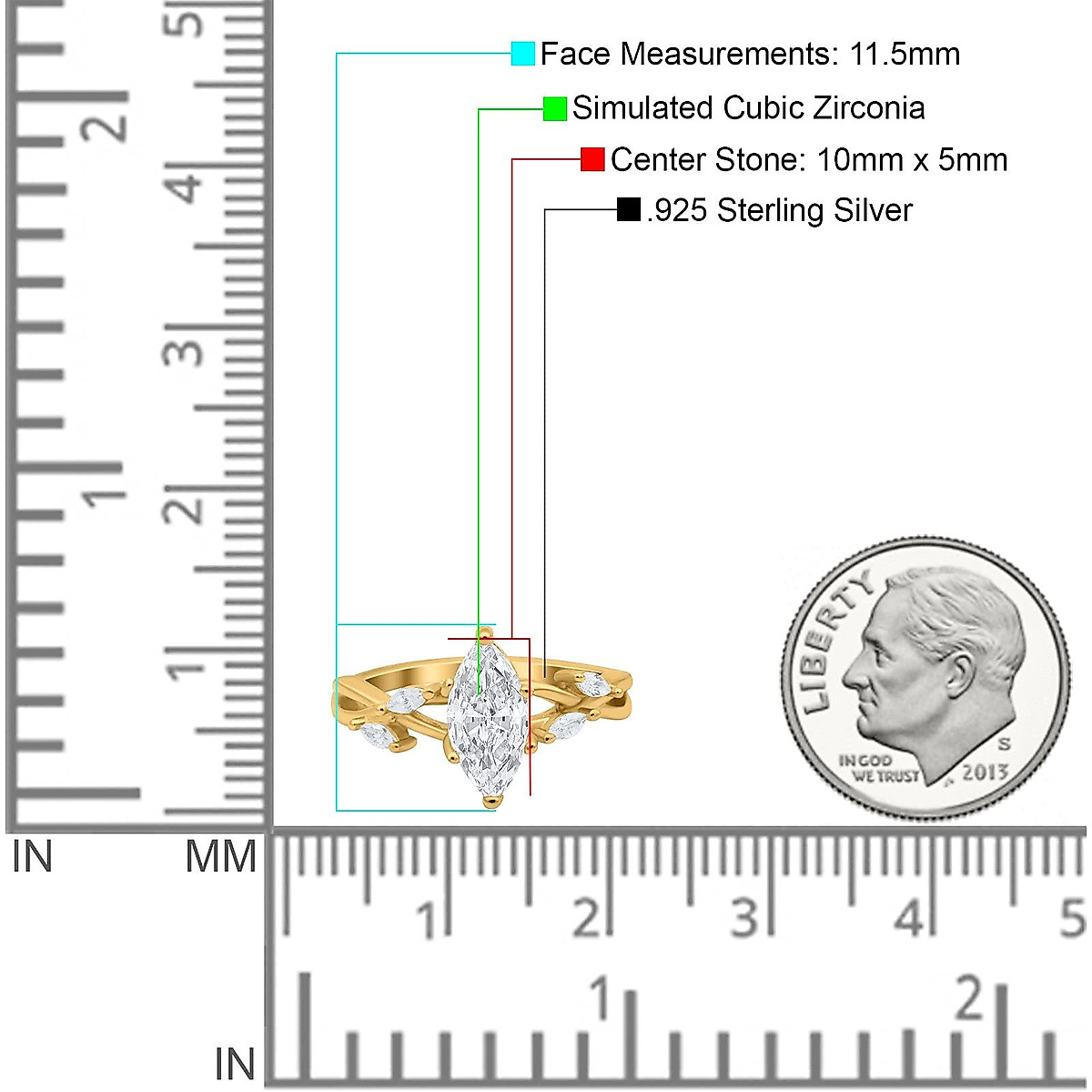 Blue Apple Co. Yellow Tone, Simulated Cubic Zirconia Size-7 Infinity Twist Marquise Art Deco Engagement Wedding Bridal Ring Round CZ 925 Sterling Silver
