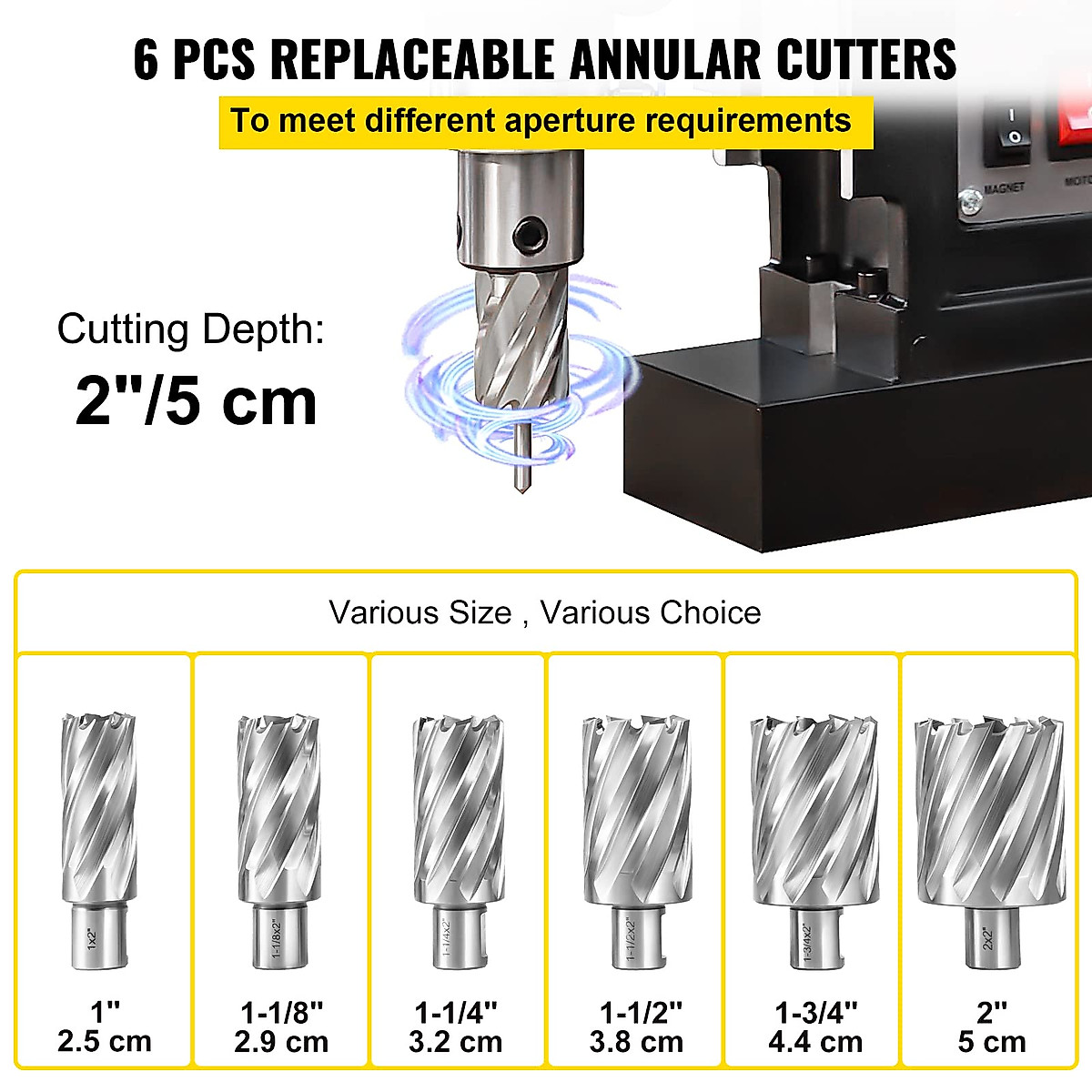 VEVOR Annular Cutter Set, 6 pcs 3/4" Weldon Shank, 2" Cutting Depth and Cutting Diameter from 1" to 2", 2 Pilot Pins & Strong Case for Using with Magnetic Drills, Silver