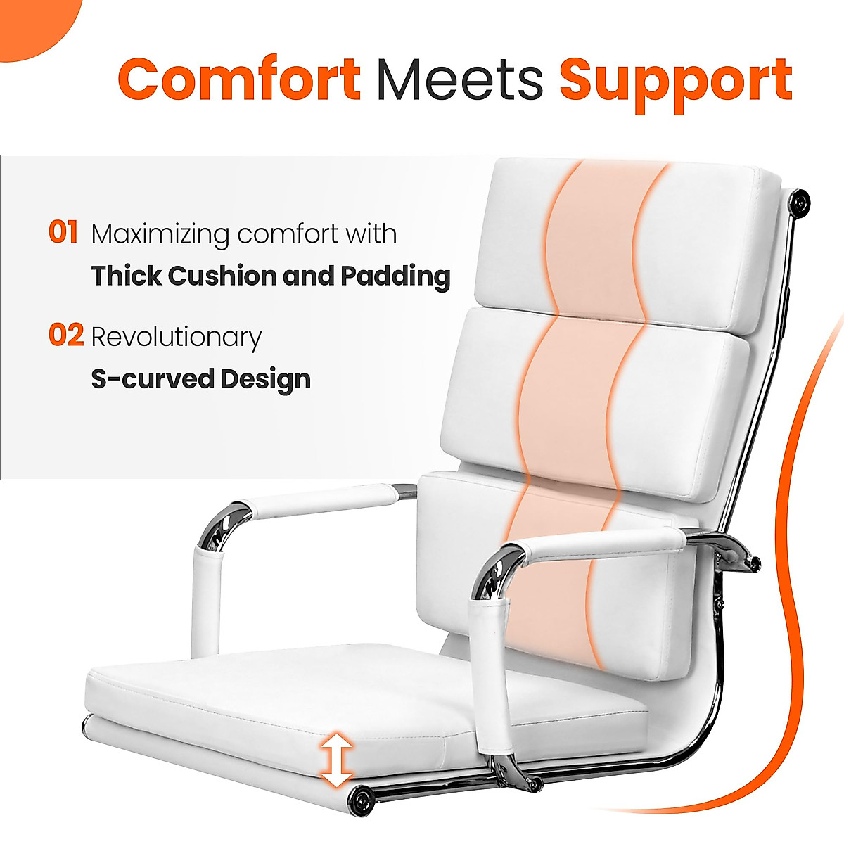 NEO CHAIR Office Desk Ergonomic Chair Leather Executive High-Back Modern Conference Comfy Adjustable Padded Swivel Rolling Home Vanity Chairs with Arms Wheels (White)