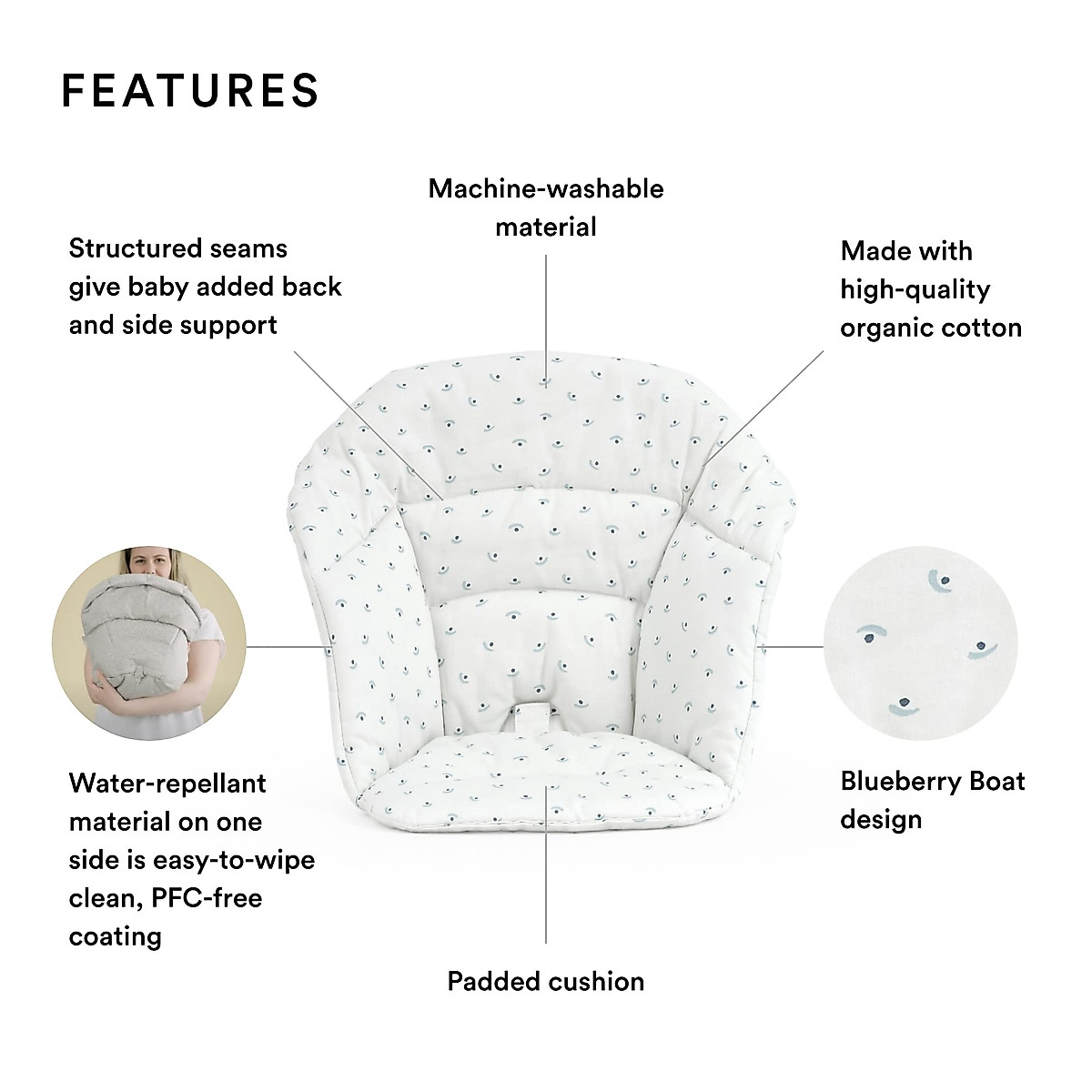 Stokke Clikk Cushion, Blueberry Boat - Compatible Clikk High Chair - Provides Support for Babies - Made with Organic Cotton - Reversible & Machine Washable - Best for Ages 6-36 Months