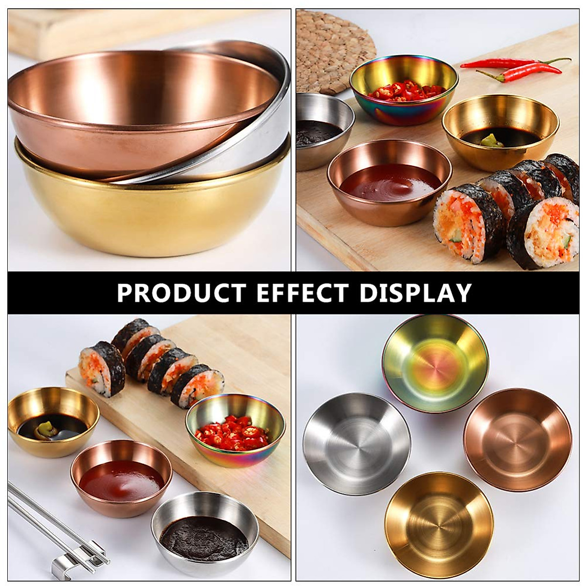 DOITOOL 4PCS Stainless Steel Sauce Dishes Round Sushi Dipping Bowls,Sushi Dipping Sauce Dishes Seasoning Dish Saucer Bowl Mini Appetizer Plate (Rose Gold,3.14X3.14X0.98inch)